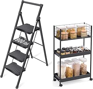 Amazon.com: KINGRACK 3-Tier Metal Rolling Utility Cart + 4 Step Ladder ...