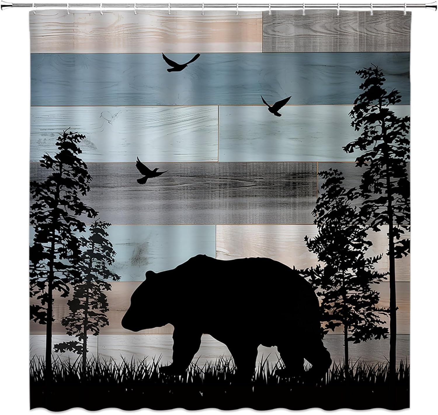Rustic Bear Shower Curtain Cabin Wildlife Vintage Wooden Board Tree ...
