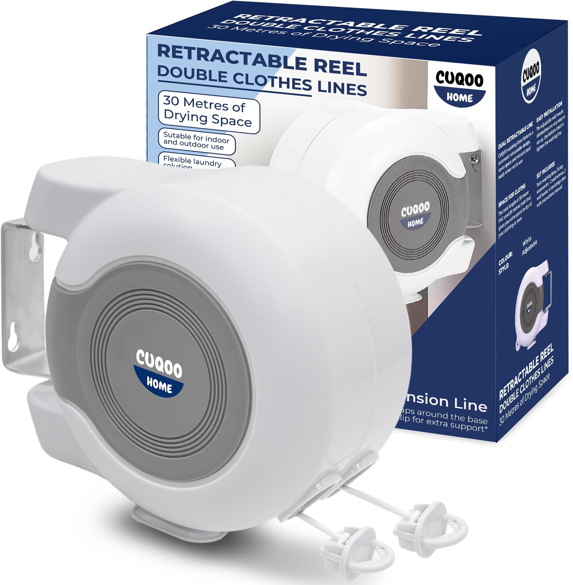 CUQOO 30m Reel Retractable Washing Line with Twin Cable – Heavy Duty ...