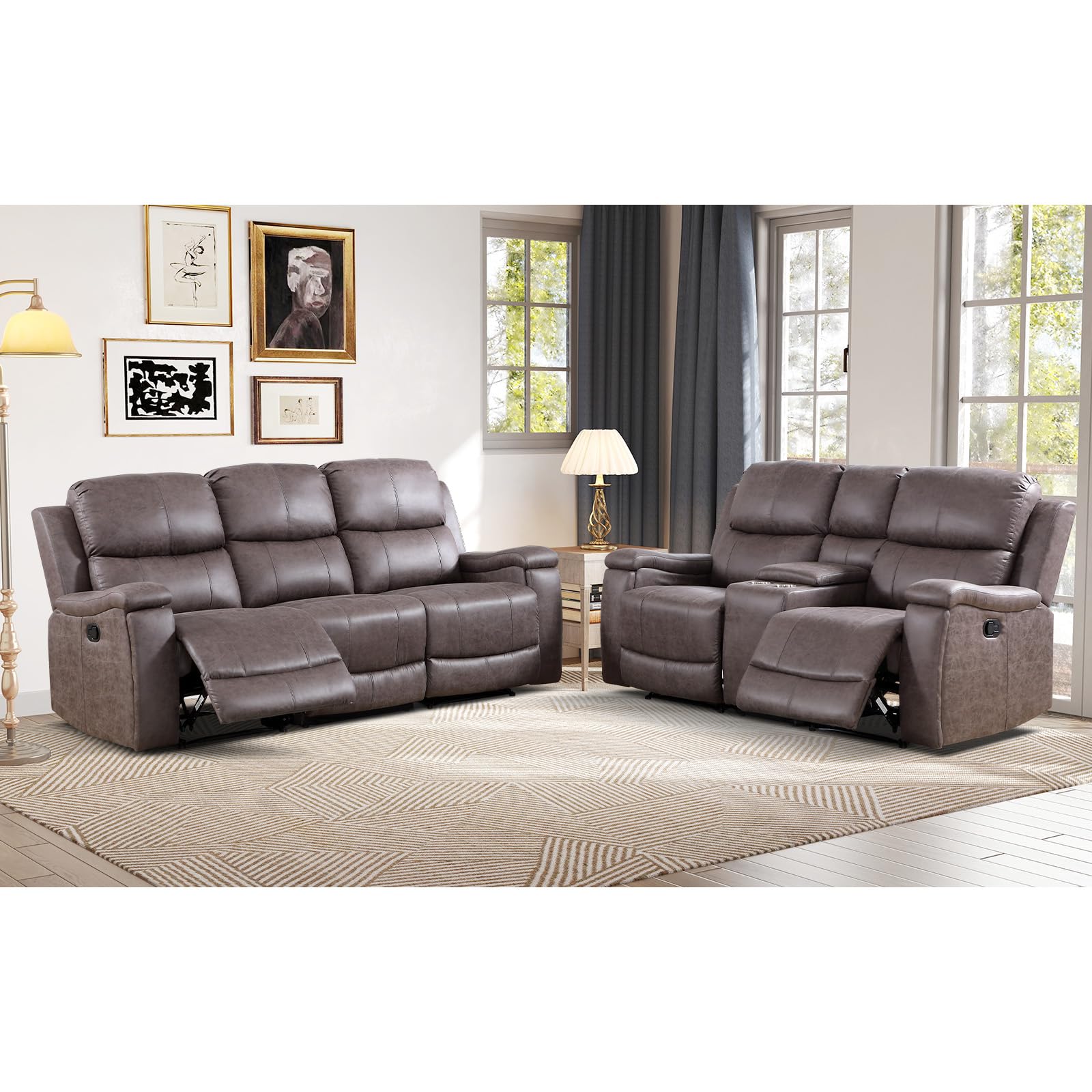 Amazon.com: CANMOV Faux Leather Manual Recliner Sofa Set, Manual ...