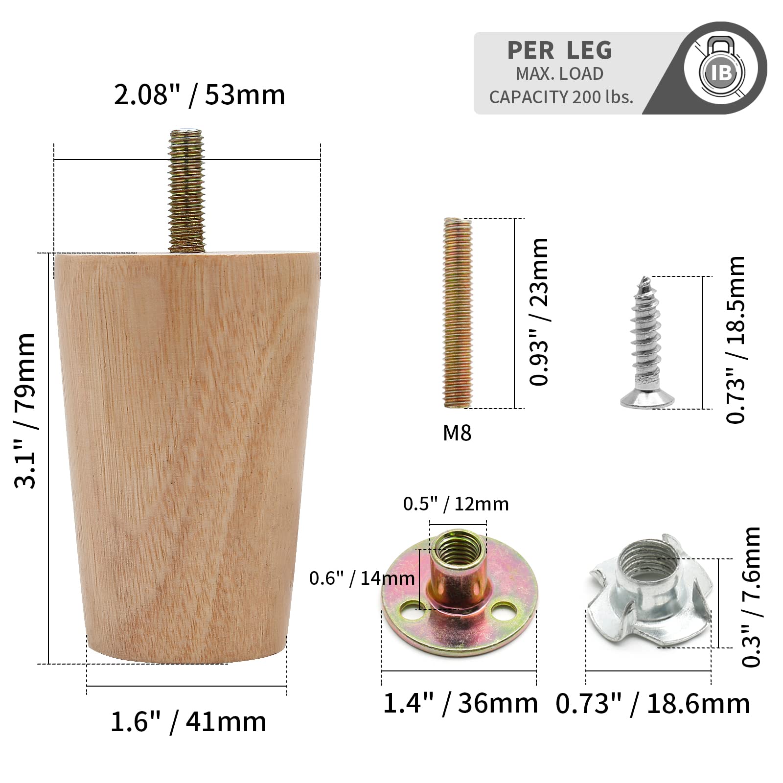 Snapklik.com : 4pcs 3.1 Inch Wood Furniture Legs, Straight Conical ...