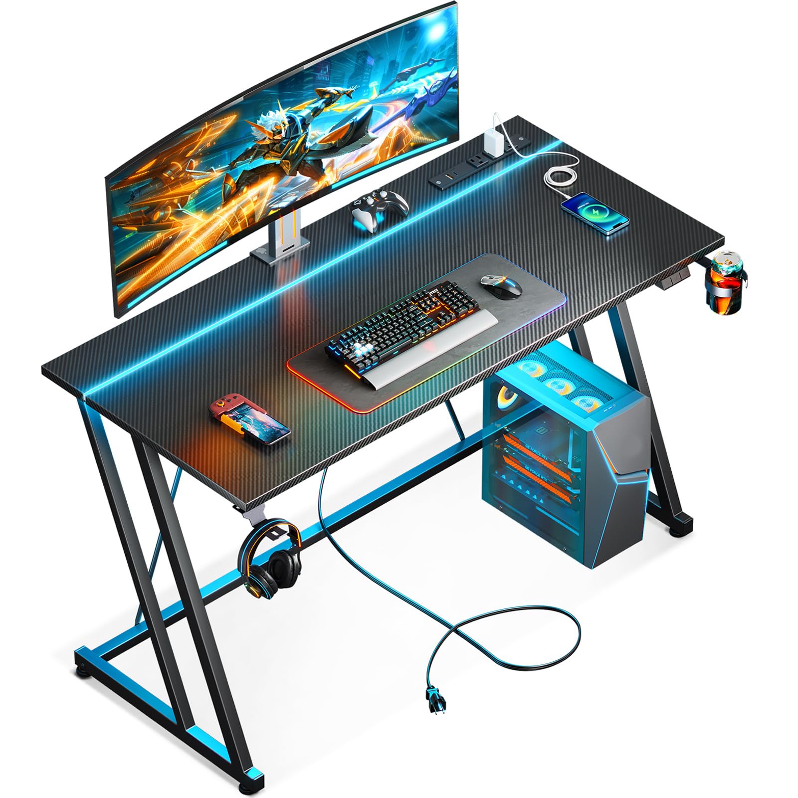 Amazon.com: MOTPK Gaming Desk with LED Lights & Power Outlet, Computer ...