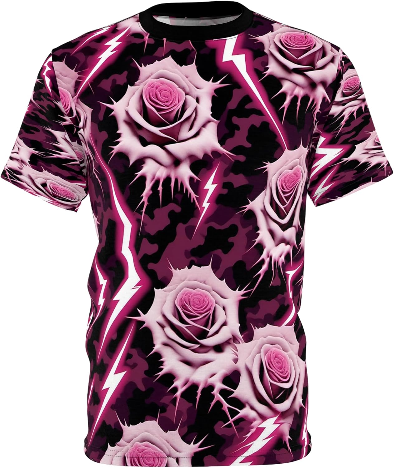 Pink Lightning & Roses Design Unisex Cut & Sew Tee (AOP) | Amazon.com