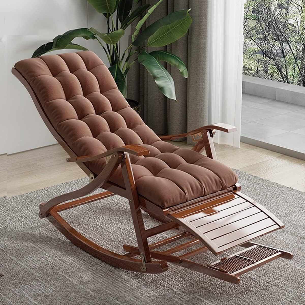 Amazon.com : LEIYTFE Folding Recliner Wood Rattan Chair Comfy Rocking ...