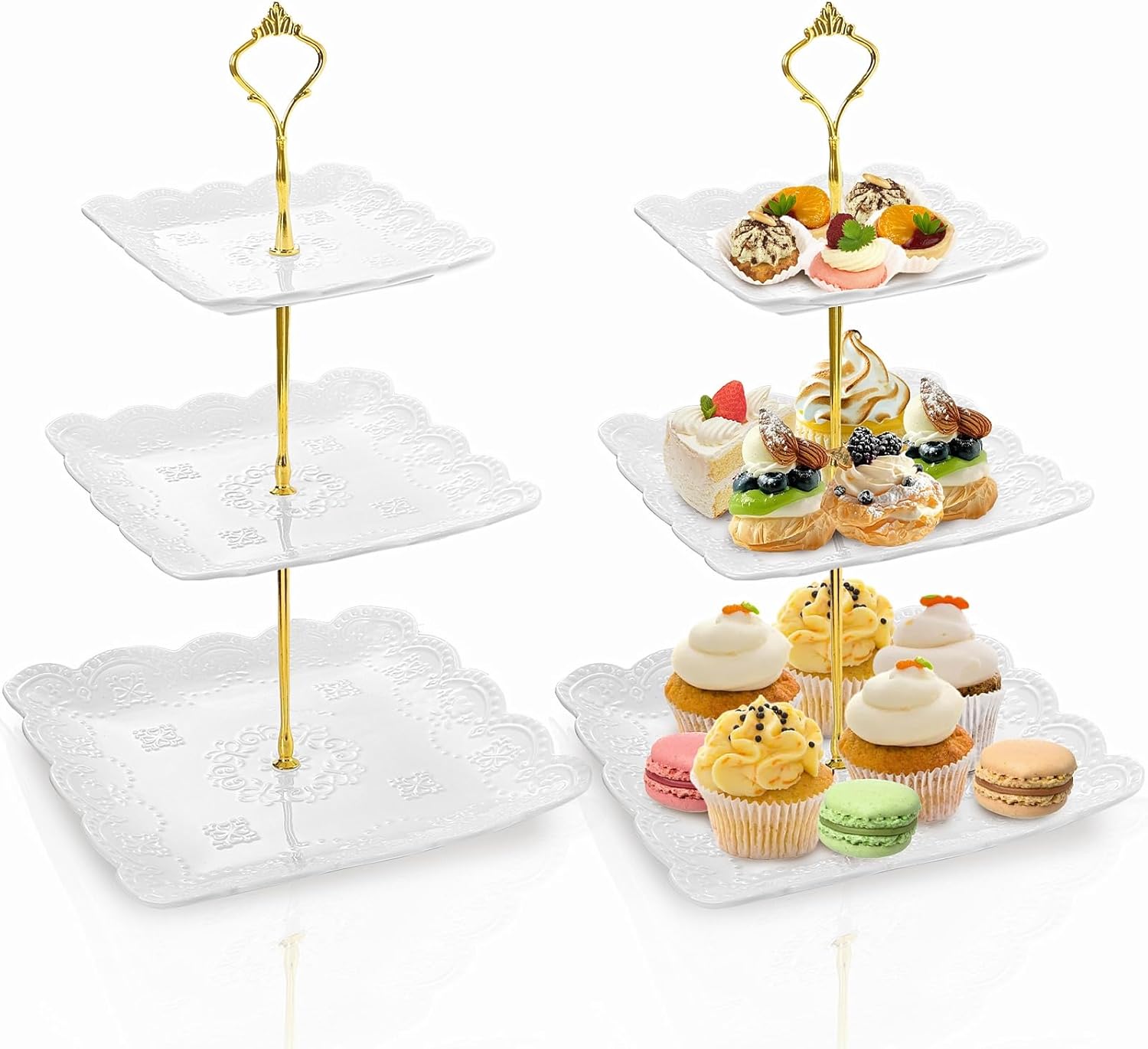 Amazon.com: Tebery 2 Pack 3-Tier White Ceramic Embossed Dessert Cake ...