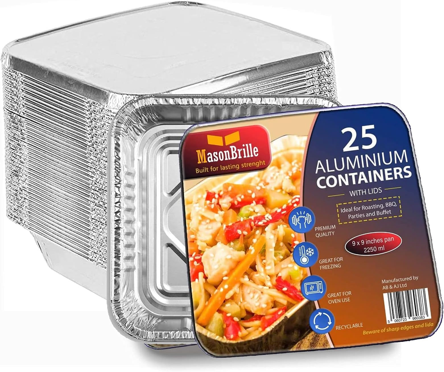 25 Large Aluminium Food Takeaway Containers with Lids Square 9x9 inch ...