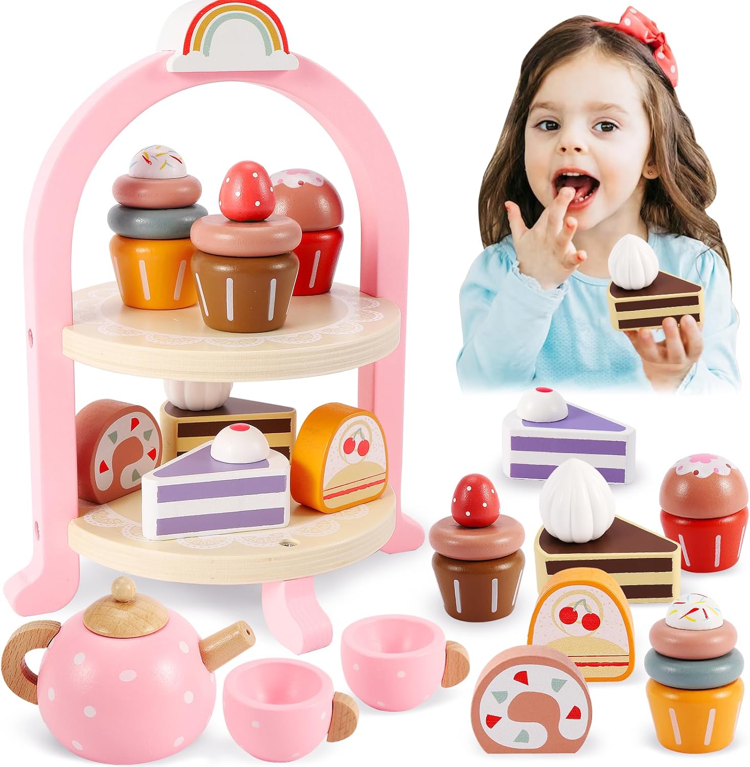 Amazon.com: Wooden Cake Play Food Set Toy, Tea Party Set for Toddler ...