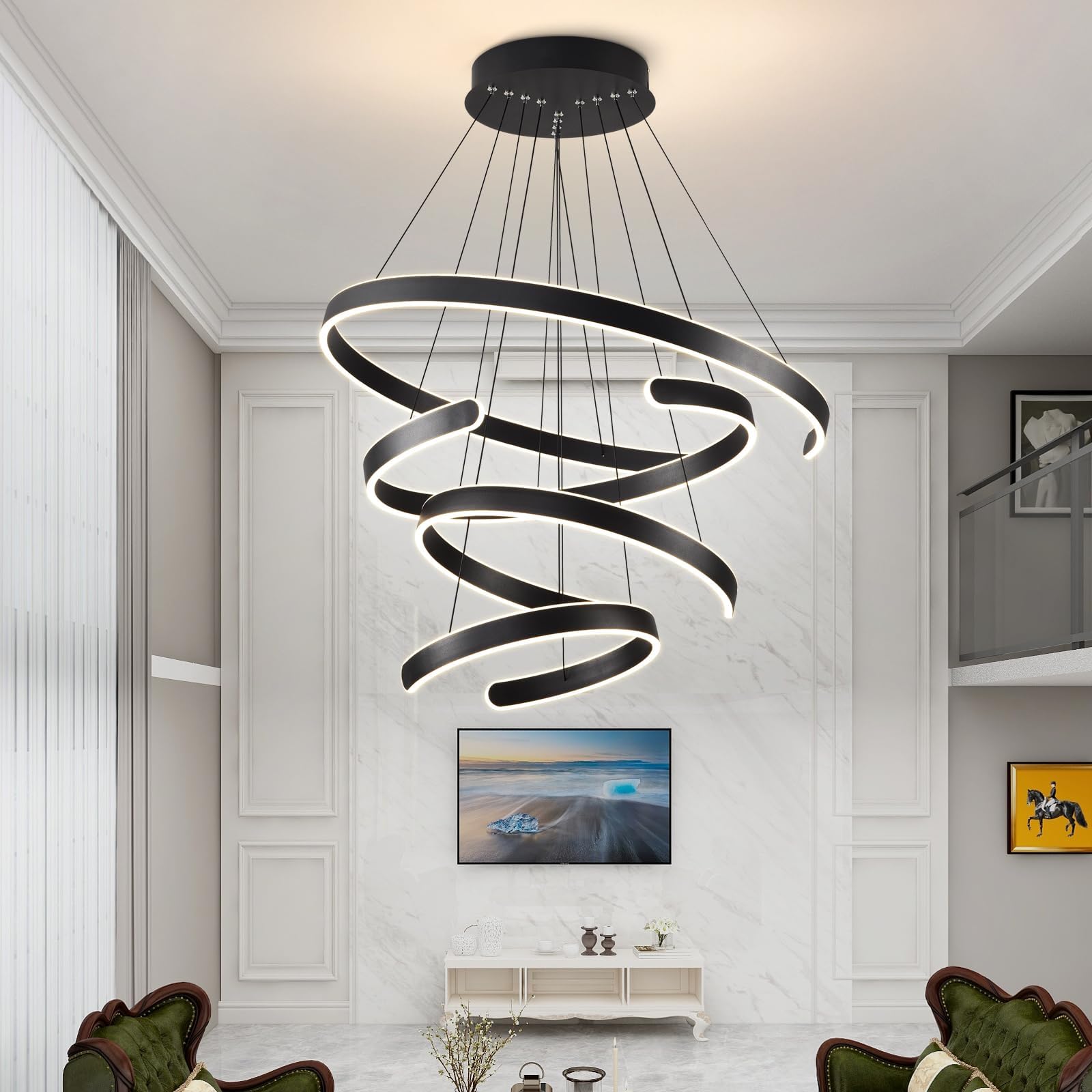 SUSUDZ Modern LED Chandelier - 4 Ring Black Chandelier for High Ceiling ...