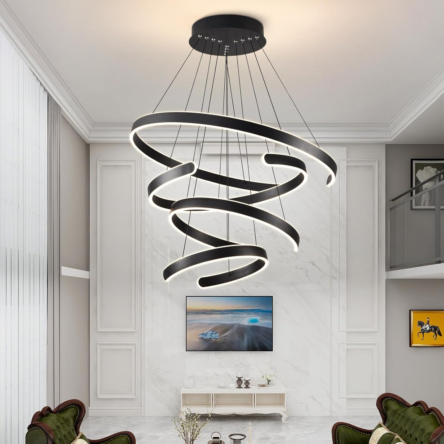 SUSUDZ Modern LED Chandelier - 4 Ring Black Chandelier for High Ceiling ...