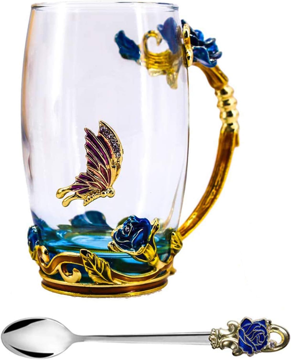 Amazon.com | Tea Cup Glass Coffee Mugs Enamel Rose Flower Butterfly ...