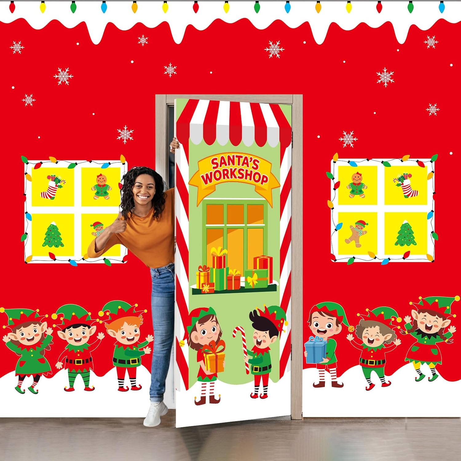 Amazon.com: Christmas Elf Hanging Door Cover Backdrop 72.8 x 35.4 Inch ...