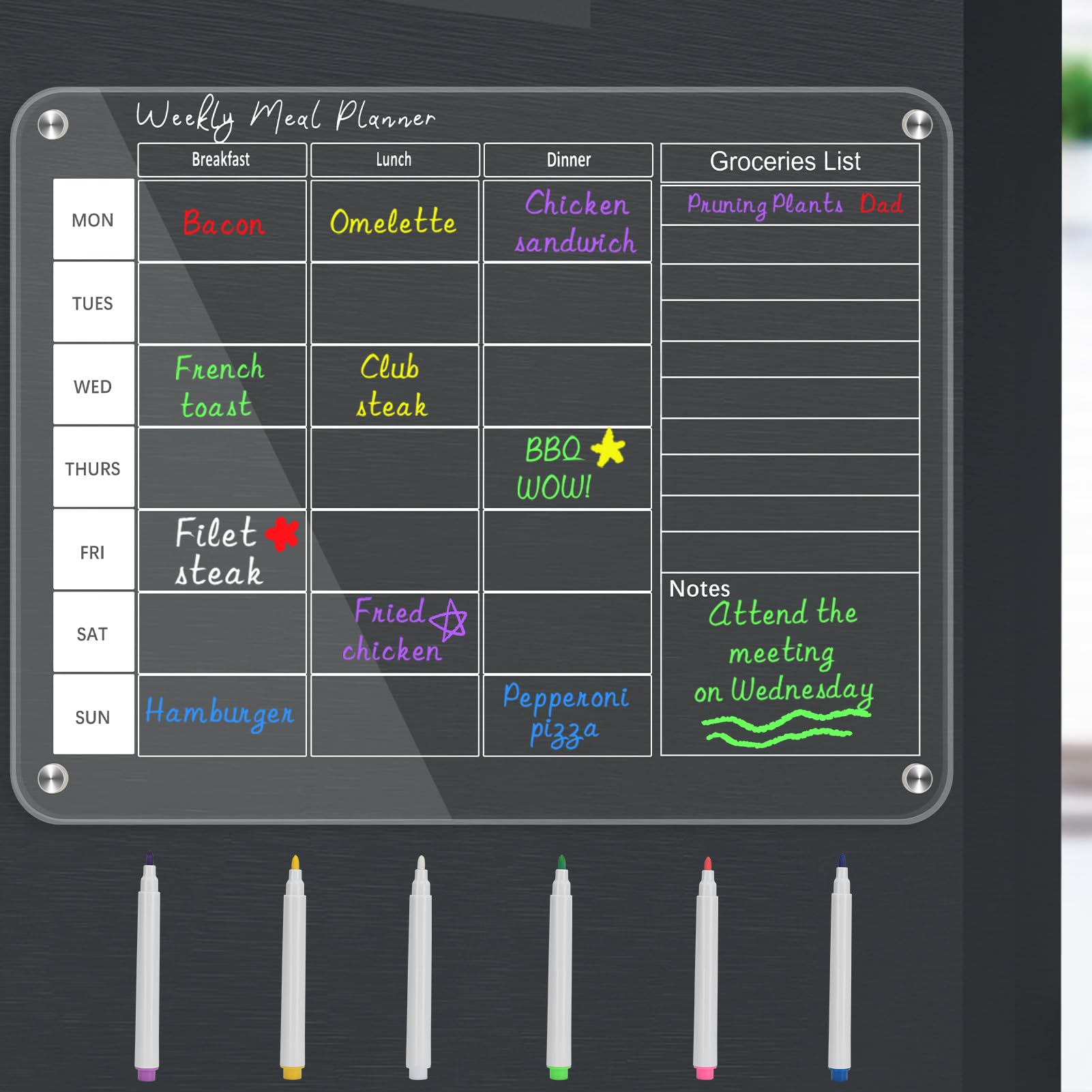 Buy Acrylic Meal Planner Magnetic Menu Board for Kitchen Fridge w/6 ...