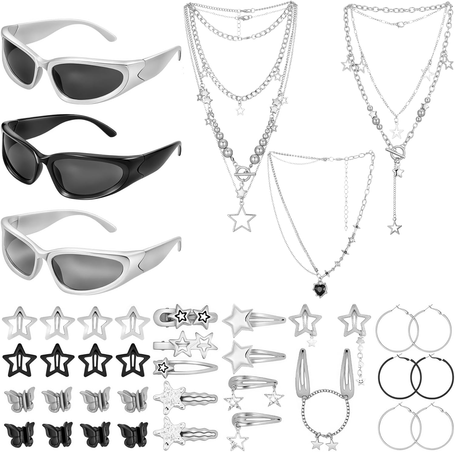 Amazon.com: Remuuly 39 Pcs Y2K Accessories Set Silver and Black Y2K ...