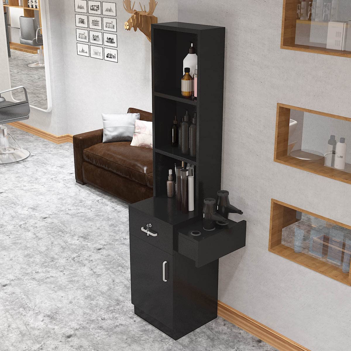 Paddie Locking Wall Mount Barber Salon Station, Hair Salon Storage ...