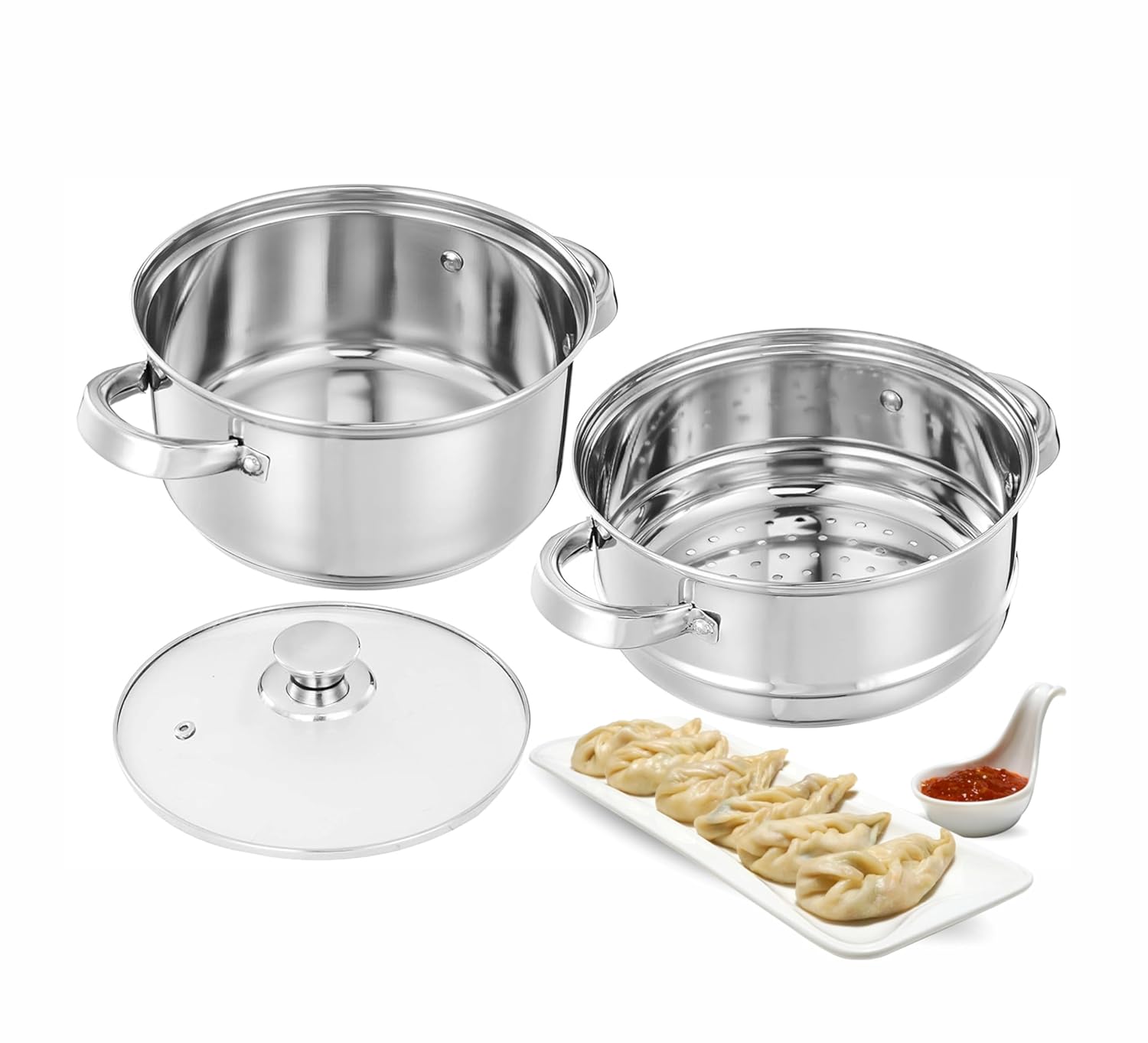 Varchas Stainless Steel 2 Tier Momo Steamer 18cm Diameter with Glass ...