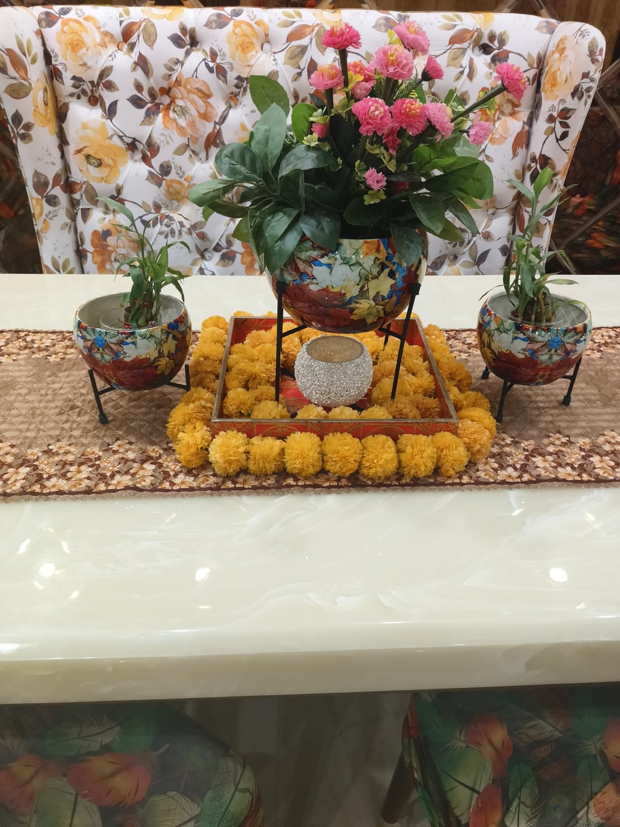 AMC DECORATIVES Multicolour Metal Pot with Stand, Rust-Free Powder ...