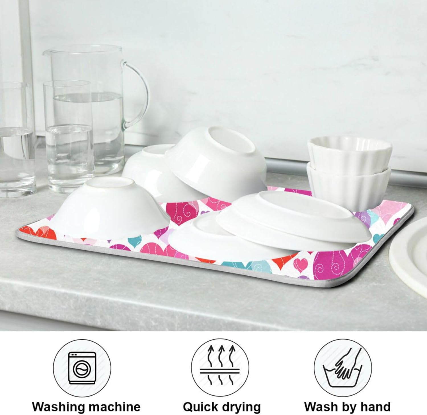 Vivid Valentine Colorful Hearts Curls Dish Drying Mat Washnable ...