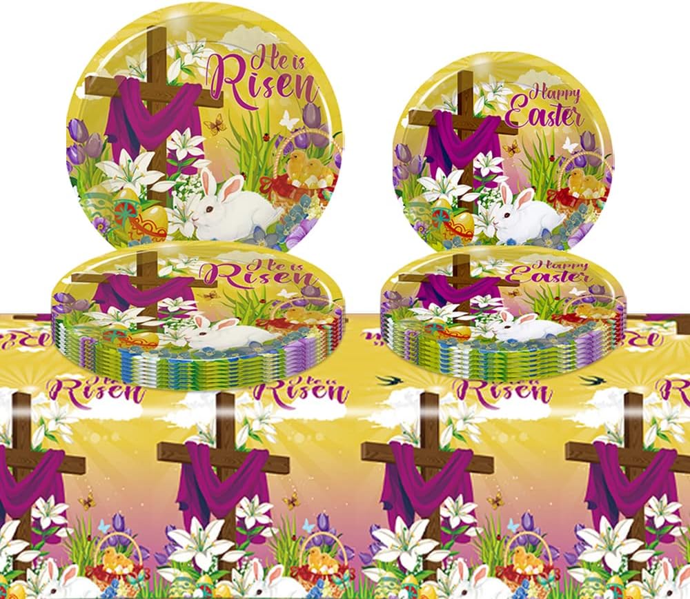 Amazon.com: HABDJILTY He is Risen Paper Plates Tablecloth Easter Cross ...