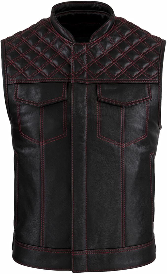 Men's Leather Vest Riding Biker Vest Diamond stitch Original Leather ...