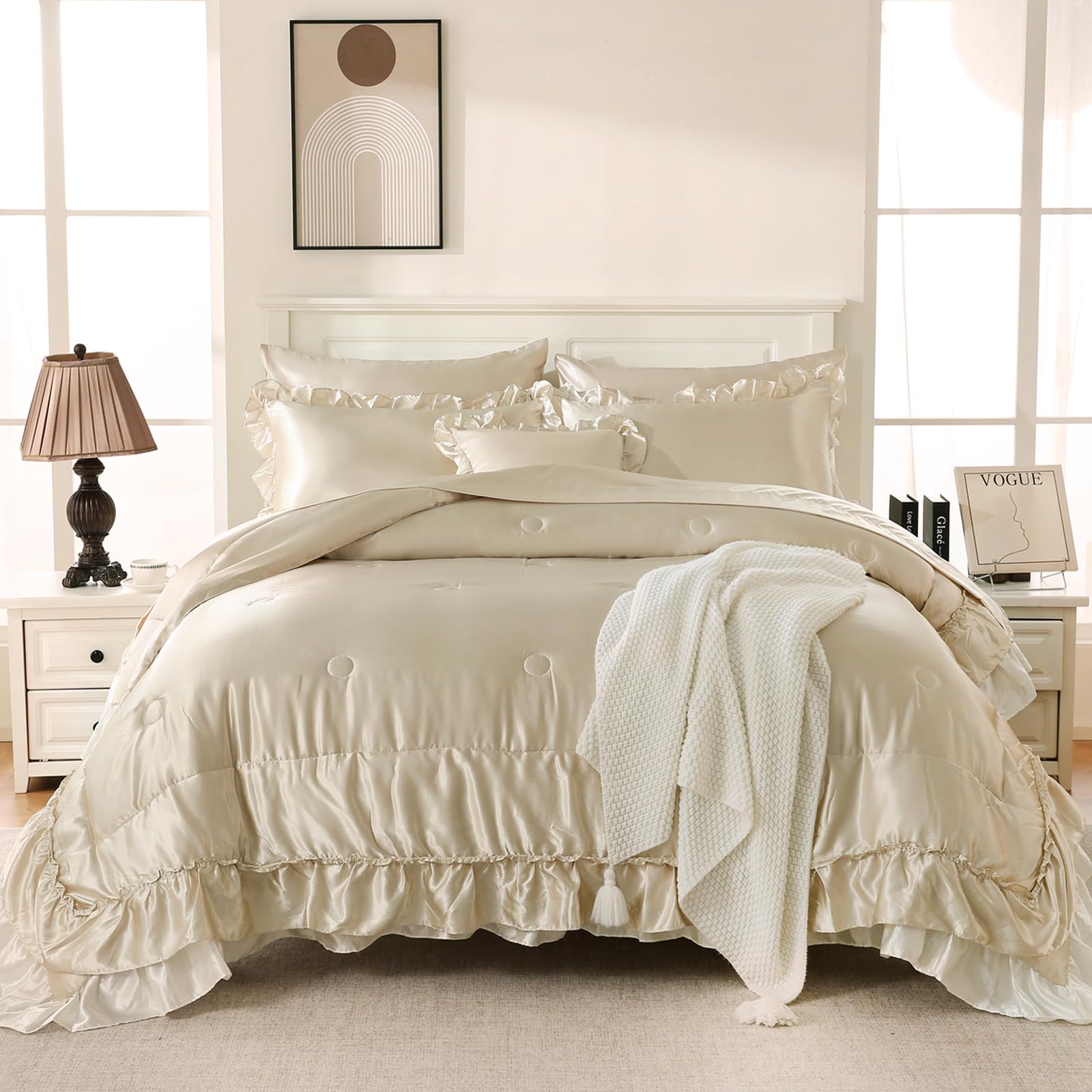Amazon.com: Bedbay Beige Satin Comforter Set Queen Size with Sheets ...