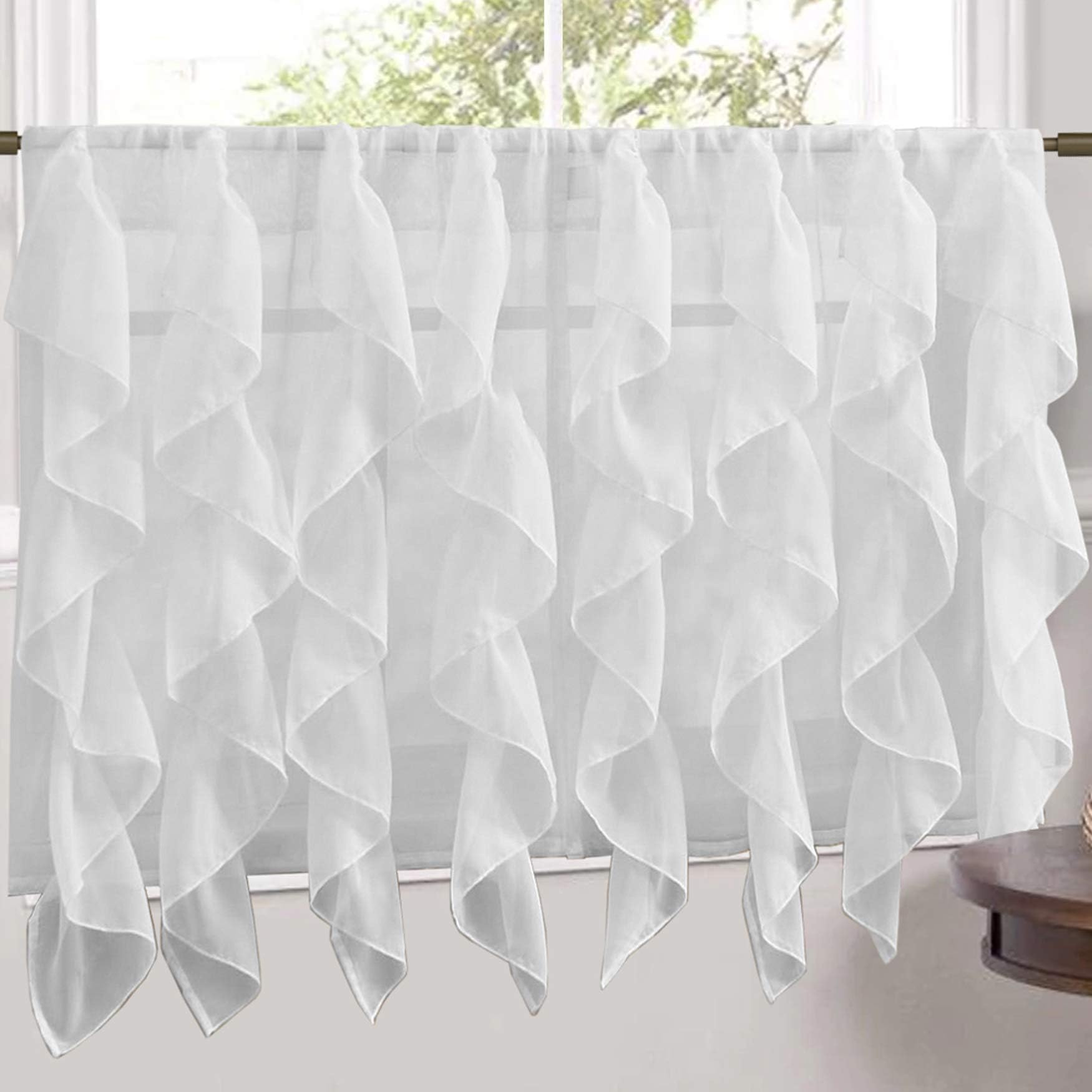 Amazon.com: Rooney 2PC Sheer Voile Ruffled Kitchen Curtain Tiers (White ...