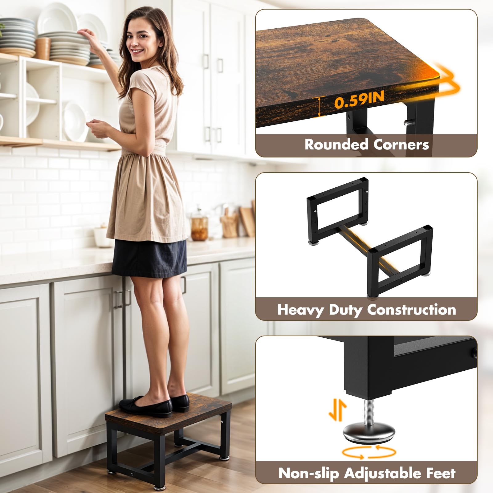 Snapklik.com : Step Stool, Height-Adjustable Wooden Step Ladder Metal Foot Stool Small Kitchen ...