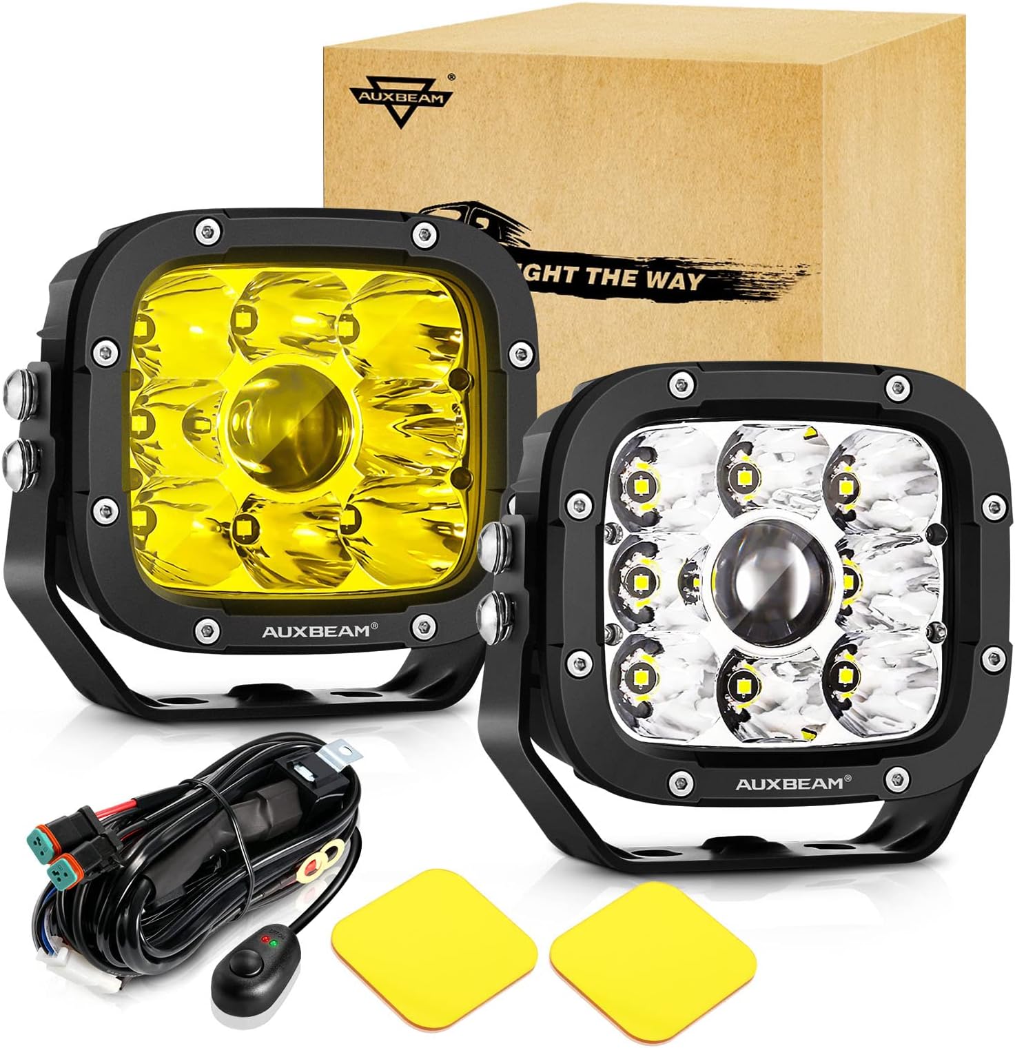 Auxbeam 5 Inch 110W LED Driving Lights with Yellow Covers, Spot Lights ...