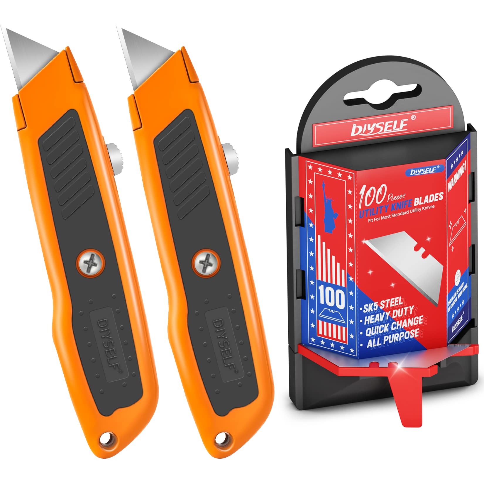DIYSELF 2 Pack Box Cutter Retractable and 100 Pack Utility Knife Blades ...