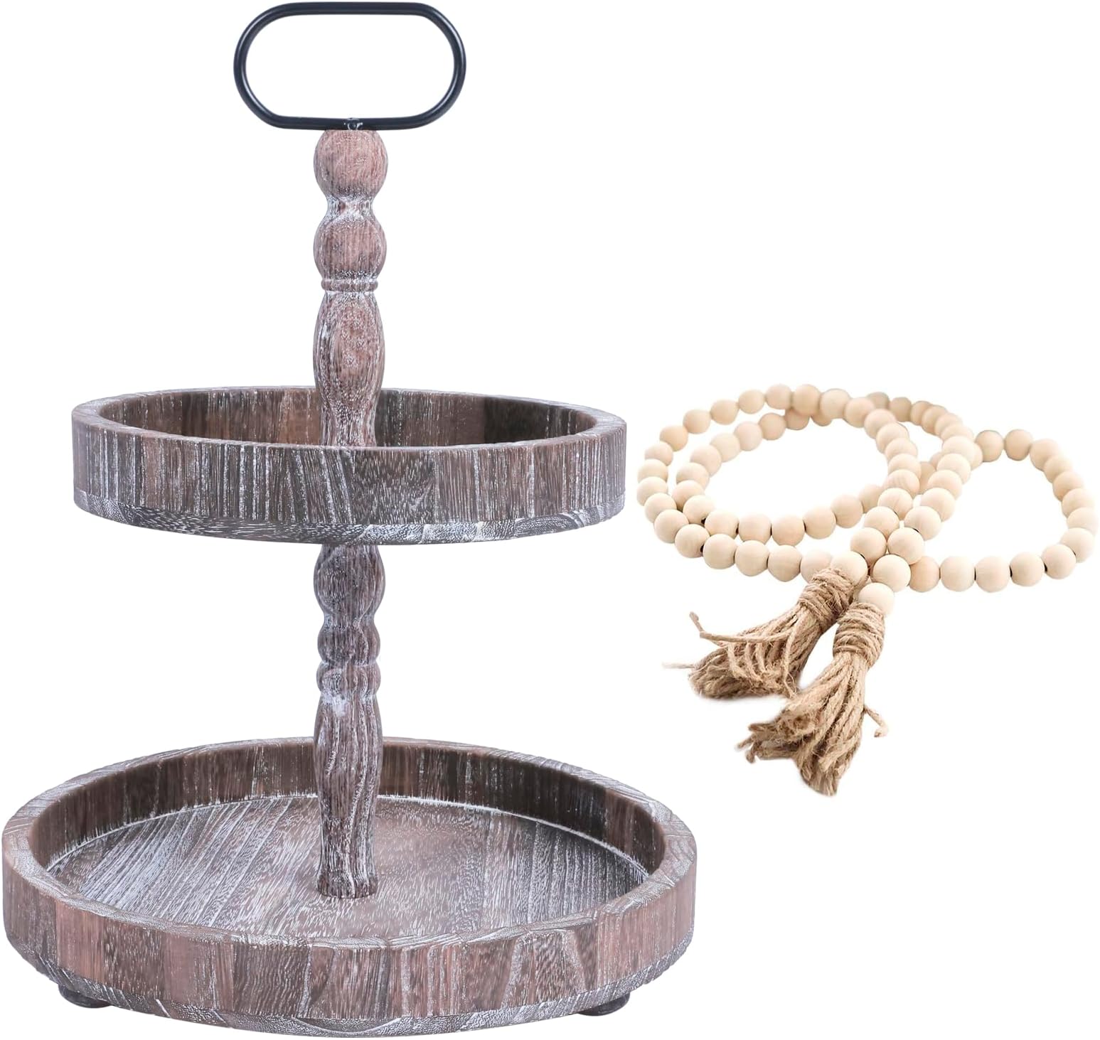 Amazon.com: 2 Tier Tray Stand with Wood Bead Garland, Round Decorative ...