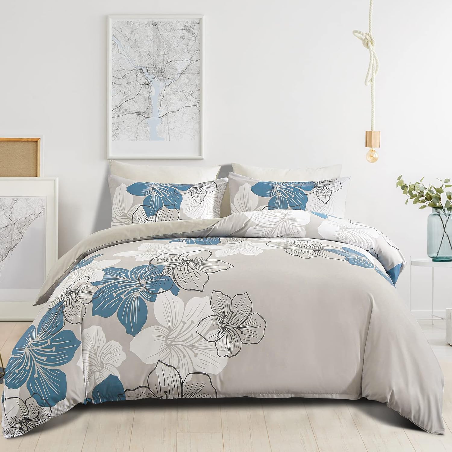 Amazon.com: 3 Pieces Duvet Cover Set King Blue Floral Pattern Comforter ...
