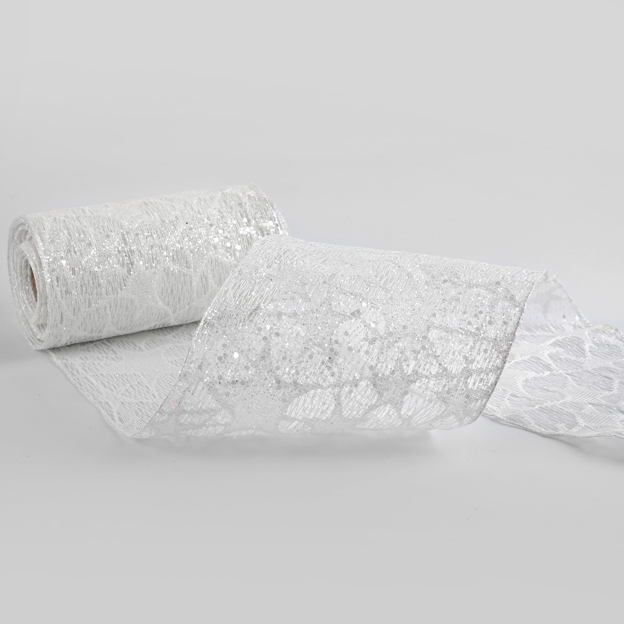 Amazon.com: MEEDEE 6 Inch Wide Wired Ribbon White Glitter Mesh Web ...