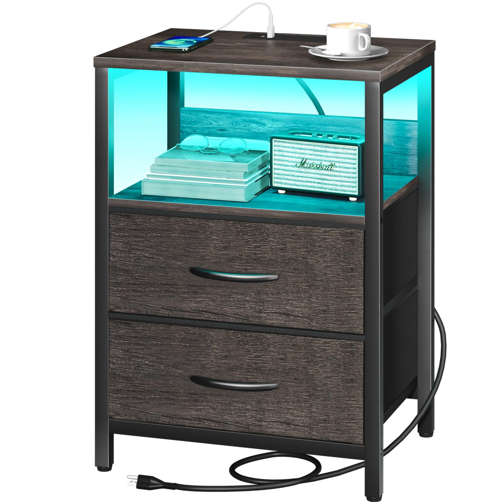 Amazon.com: Yoobure Nightstand with Charging Station, LED Night Stand ...
