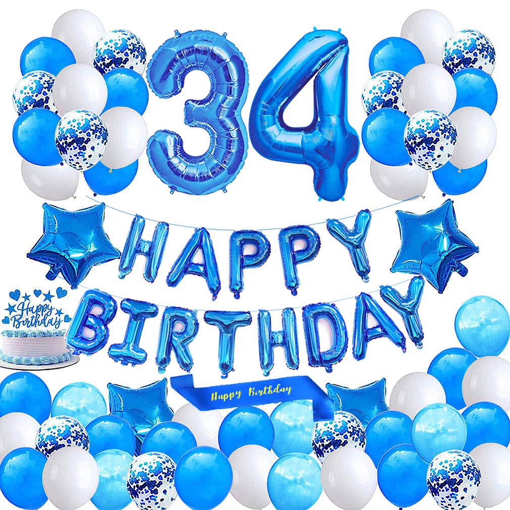 Buy Minhero Lee Blue 34th Birthday Decoration Happy Birthday Banner ...