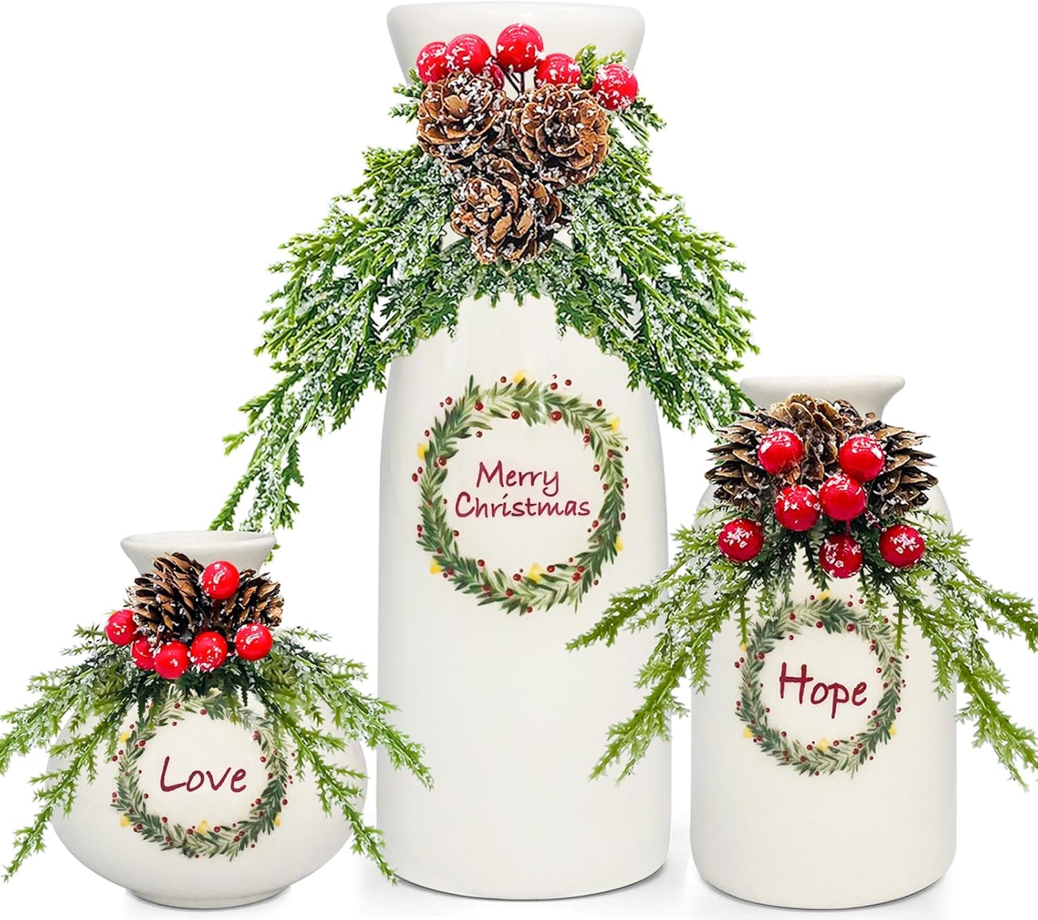 3 Pcs Ceramic Vases with Pine Branch Red Berry, Artificial White Vases ...