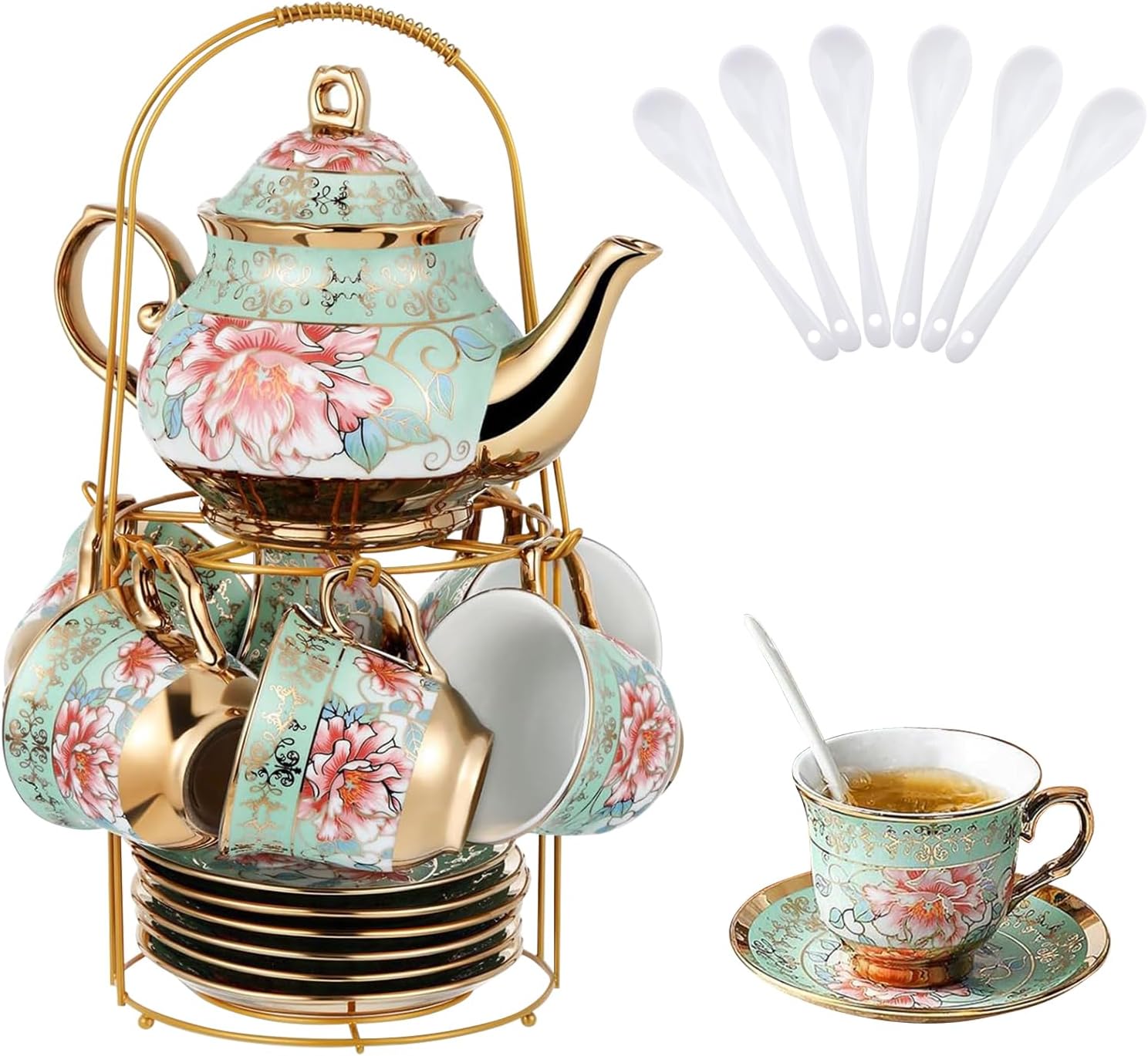 Tea Cup Set with Metal Holder and Saucer,20PCS European Ceramic Tea Sets for Adults,Flower Tea ...