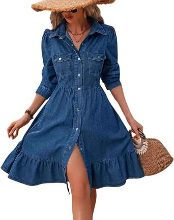 Ru Sweet Women's Denim Dress 2024 Fall Long Sleeve Jean Dress Button ...