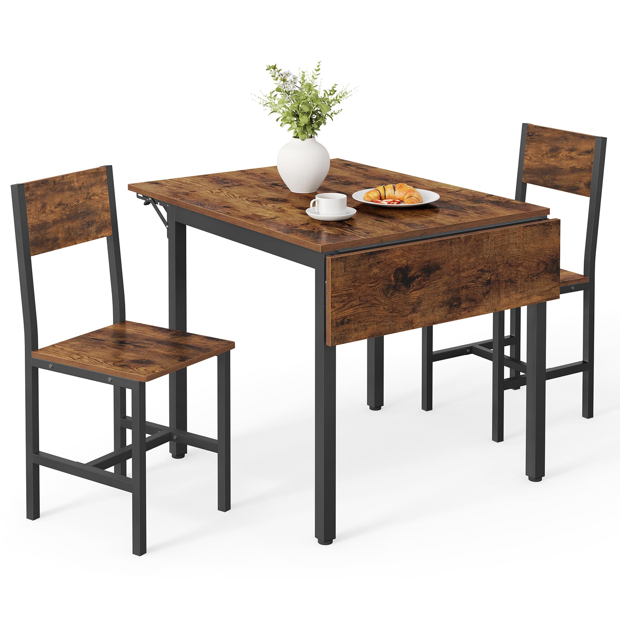 VASAGLE Dining Table and 2 Chairs Set, Drop Leaf Extendable Dining ...