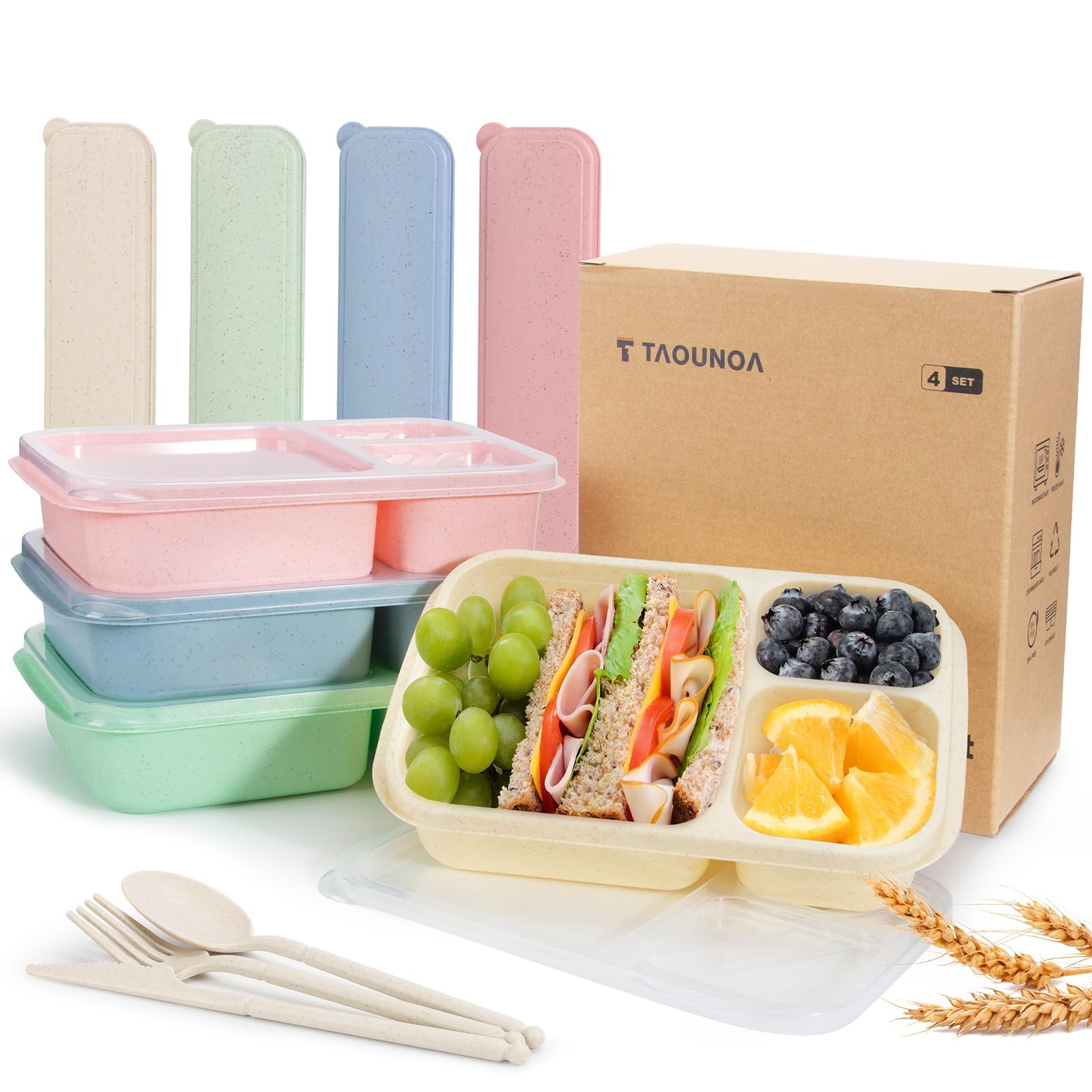 4 Pack Bento Lunch Box with 4 Pack Cute Knife Spoon and Fork Set, Wheat ...
