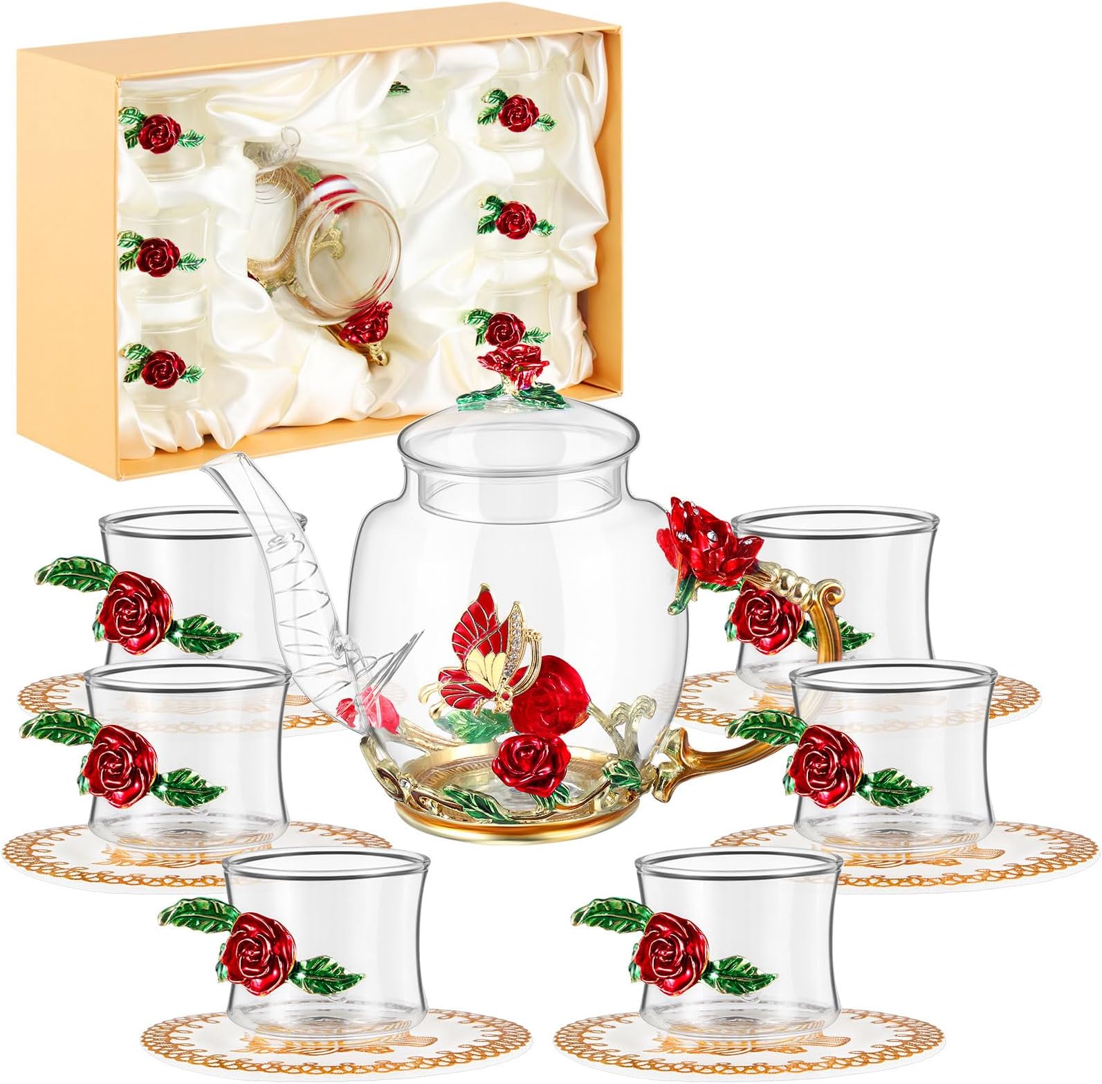 Amazon.com | BTaT- Floral Glass Tea Set, 2 Fancy Cups and Floral Glass ...