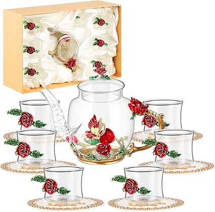Amazon.com | 7 Pcs Floral Glass Tea Set Women Christmas Teapot Set for ...