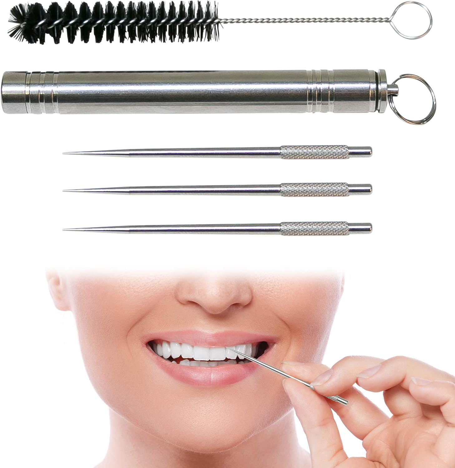 Amazon.com: Stainless Steel Metal Toothpick Set with 3 Reusable Tooth ...