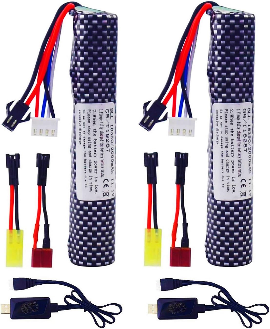Amazon.co.jp: 2個 3S 11.1V 2000mAh リチウムイオンバッテリー SM-2PプラグコネクターとUSB充電ケーブル付き エアソフトジェル水滴ブラスターエアガンジェル ...