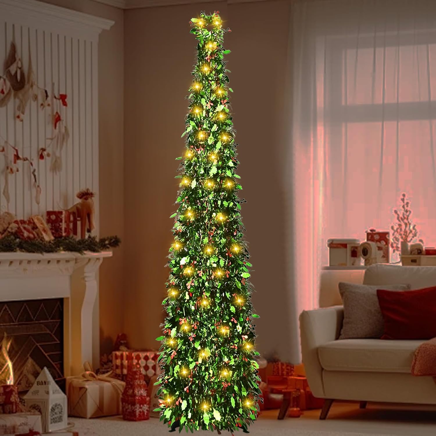 Amazon.com: 5FT Pre-lit Pencil Christmas Tree-with Top Star & 5m 50 ...