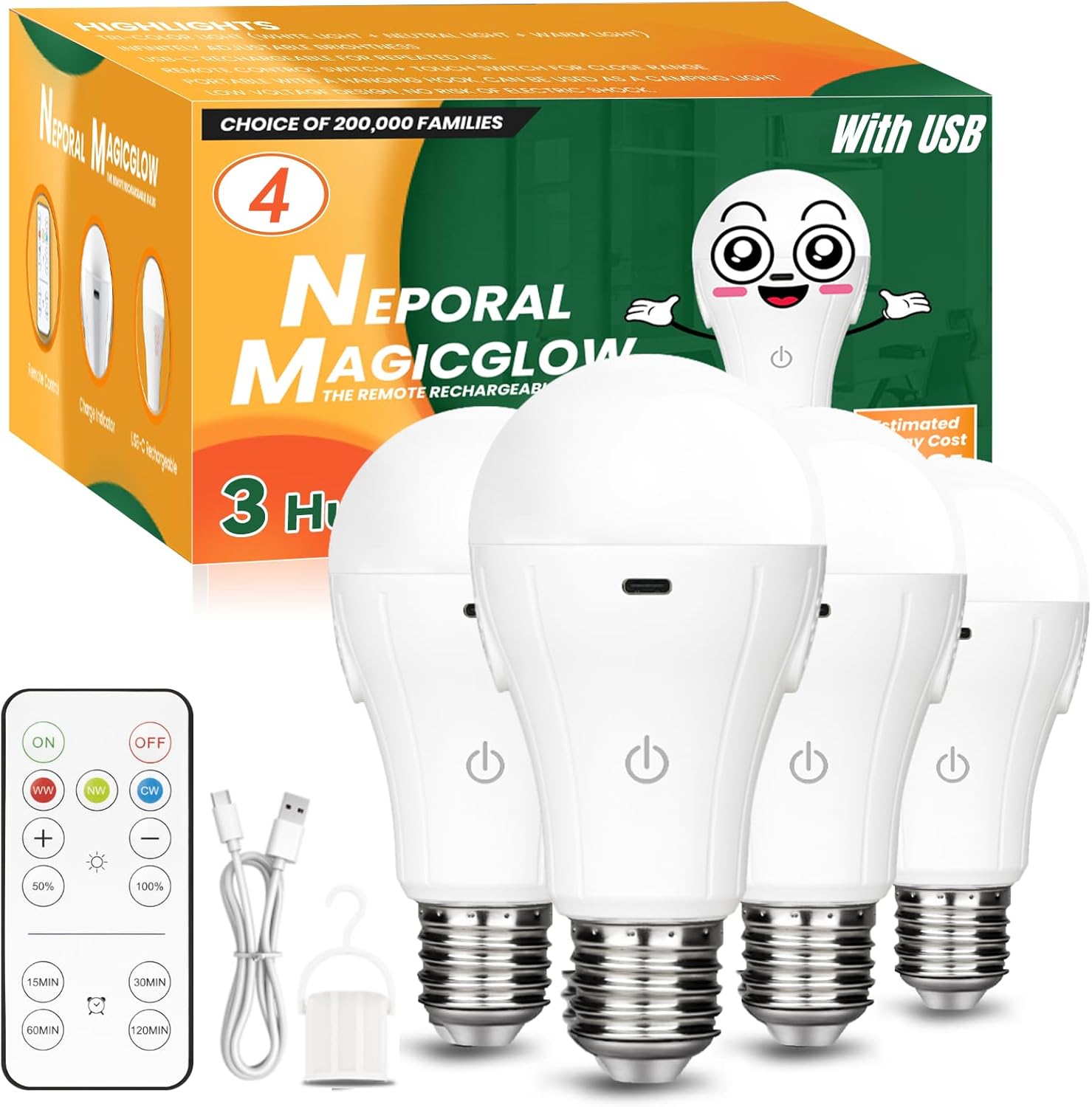 Neporal MagicGlow USB Rechargeable Light Bulbs with Remote, 3-Color ...