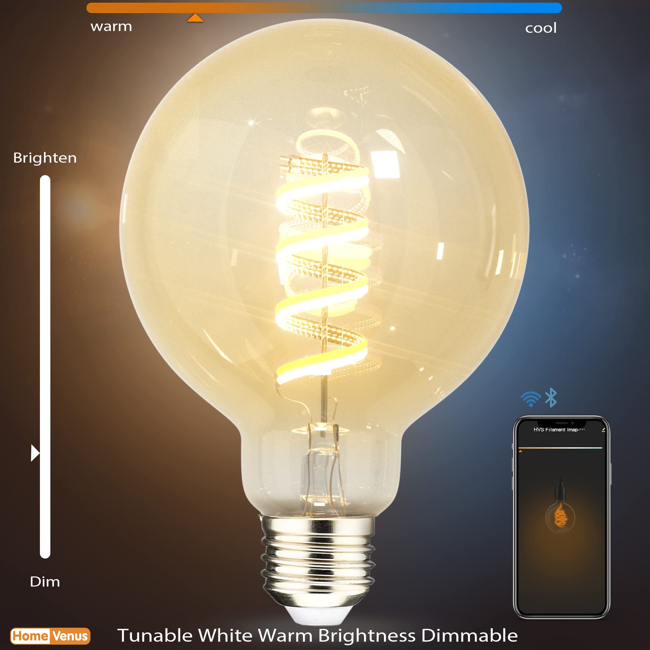 Homevenus HVS Smart Edison Bulbs, G95 E26 6W Dimmable Tunable Warm ...