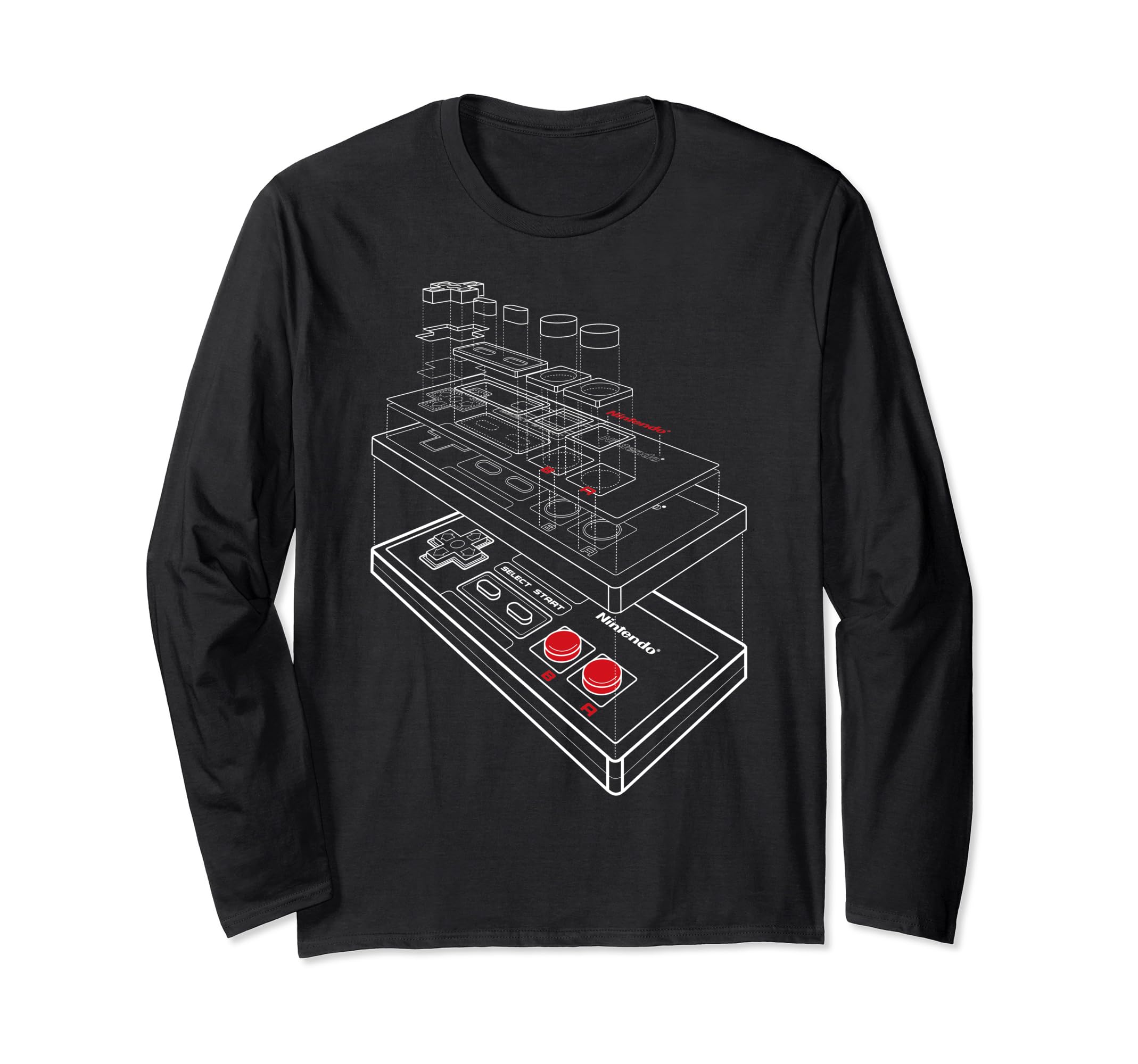 Amazon.com: Nintendo NES Controller Exploded Schematic Long Sleeve Tee ...