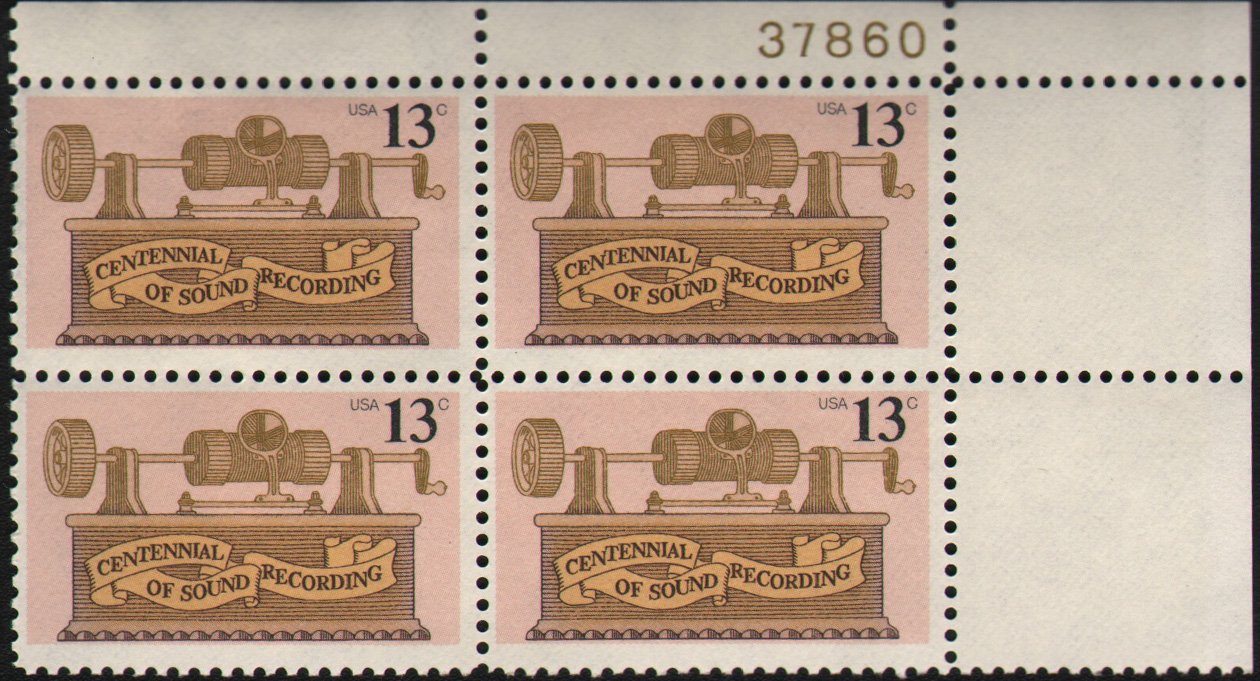 Amazon.com: SOUND RECORDING CENTENNIAL #1705 Plate Block of 4 x 13¢ US ...