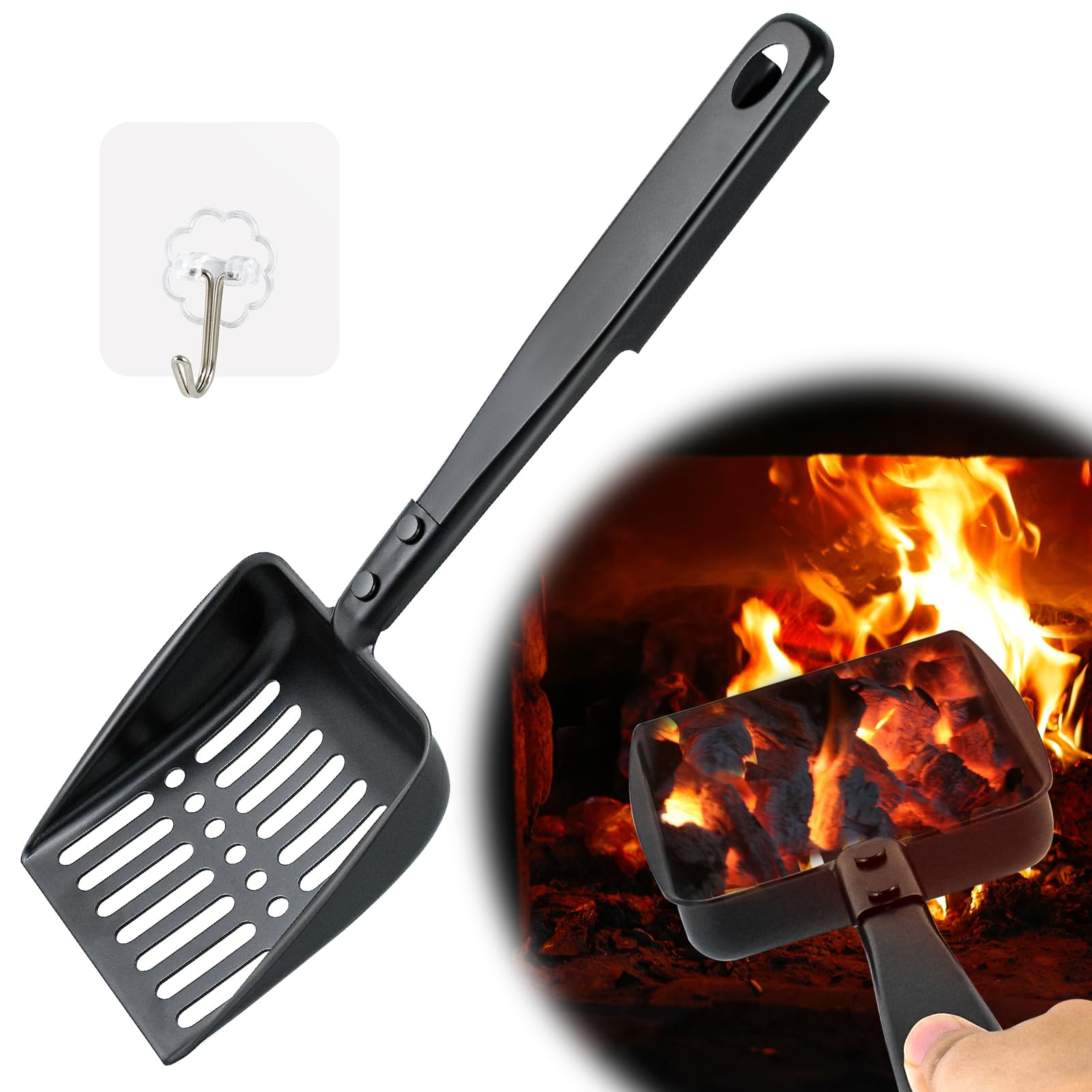 13 Inch Hollow Out Fireplace Ash Sifter Metal Black Coal Shovel Heat ...