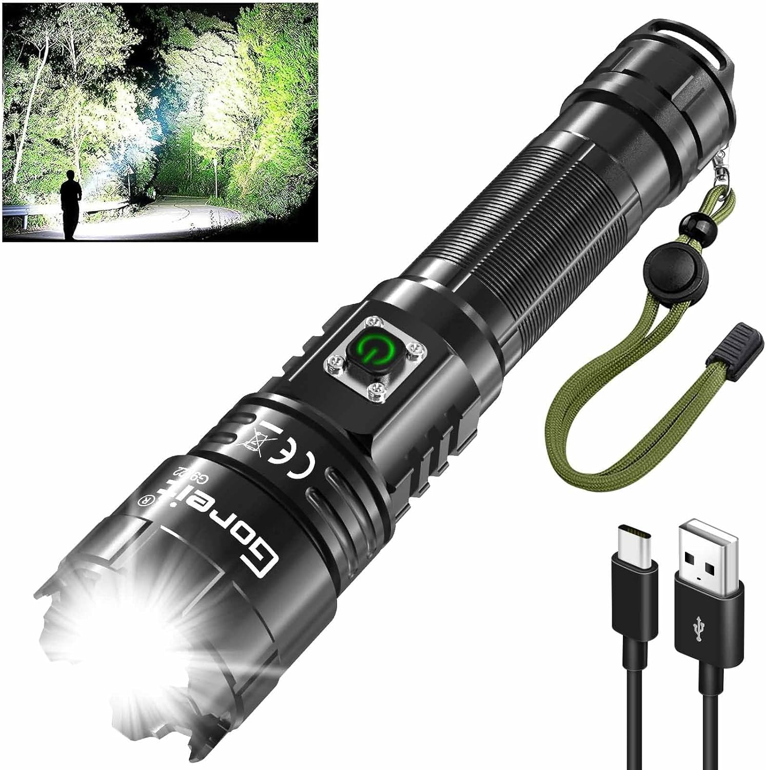 Torch, Goreit Flashlight LED Torch Rechargeable USB 15000 Lumen ...