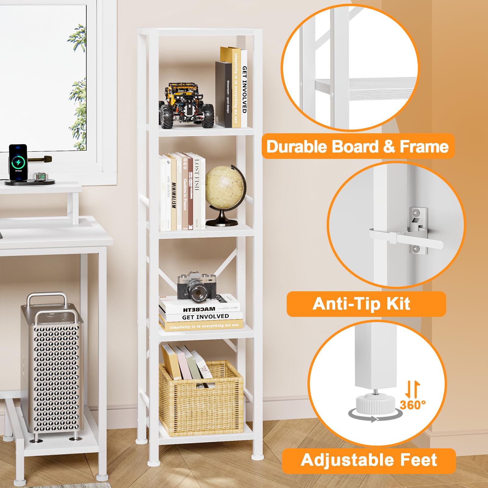 Snapklik.com : 5 Tier White Bookshelf, Tall Narrow Bookcase For Small ...